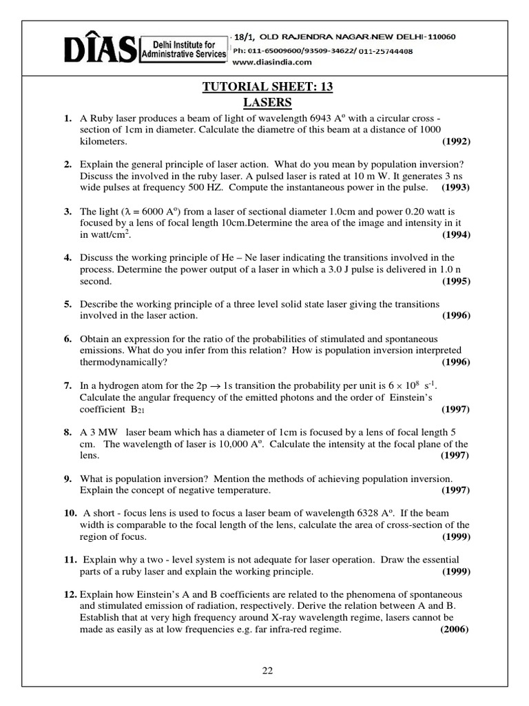 Tutorial Sheet: 13 Lasers | PDF | Laser | Emission Spectrum
