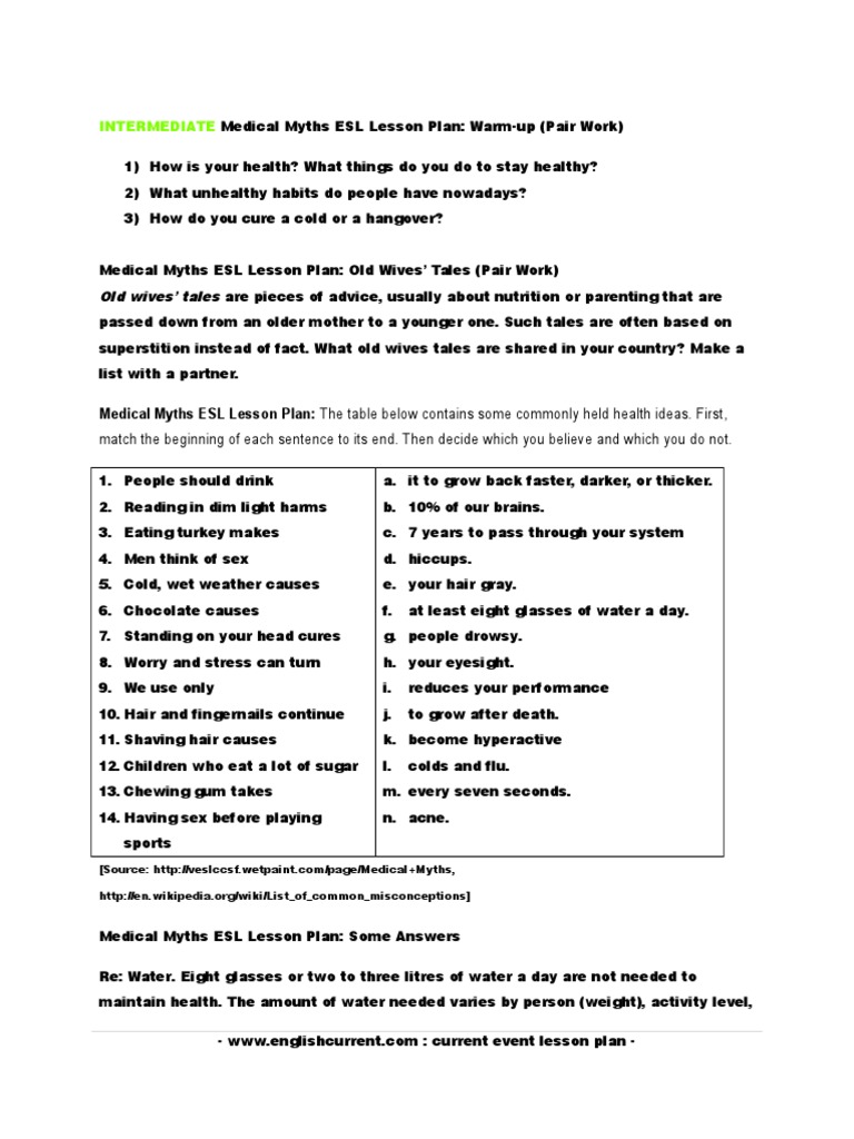 Medical Myths ESL Lesson Plan | PDF