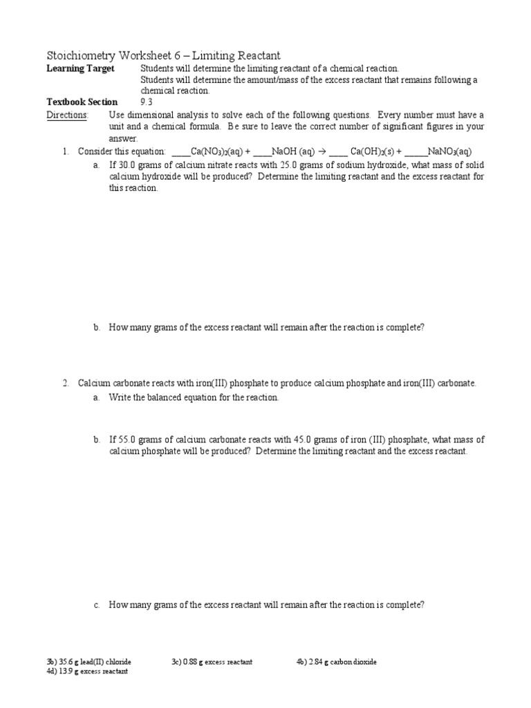 Stoichiometry Worksheet 6 - Limiting Reactant: Learning Target | PDF ...