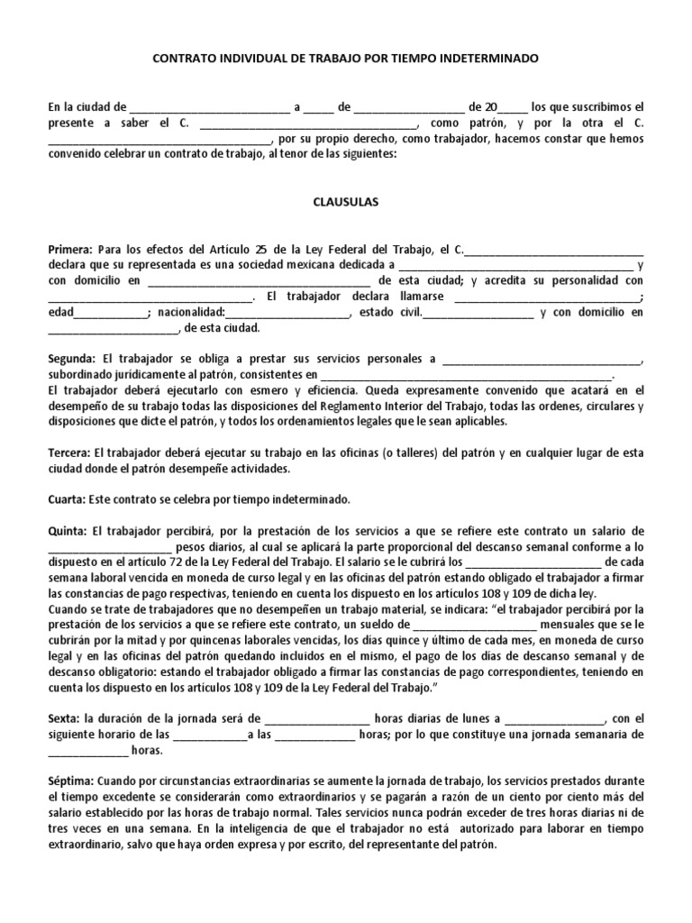 Contrato Individual de Trabajo Por Tiempo Indeterminado | PDF | Derecho laboral | Instituciones ...