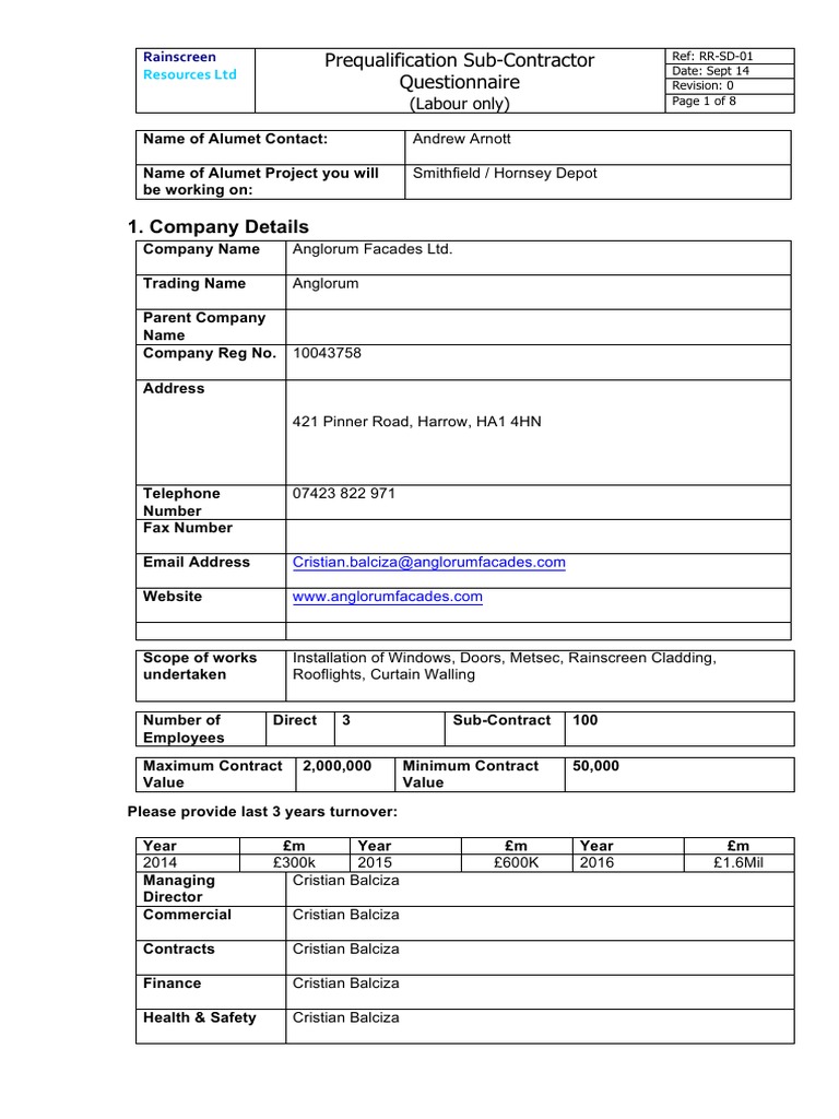 Sub-Contractor Prequalification Form | PDF | Iso 9000 | Occupational Safety And Health