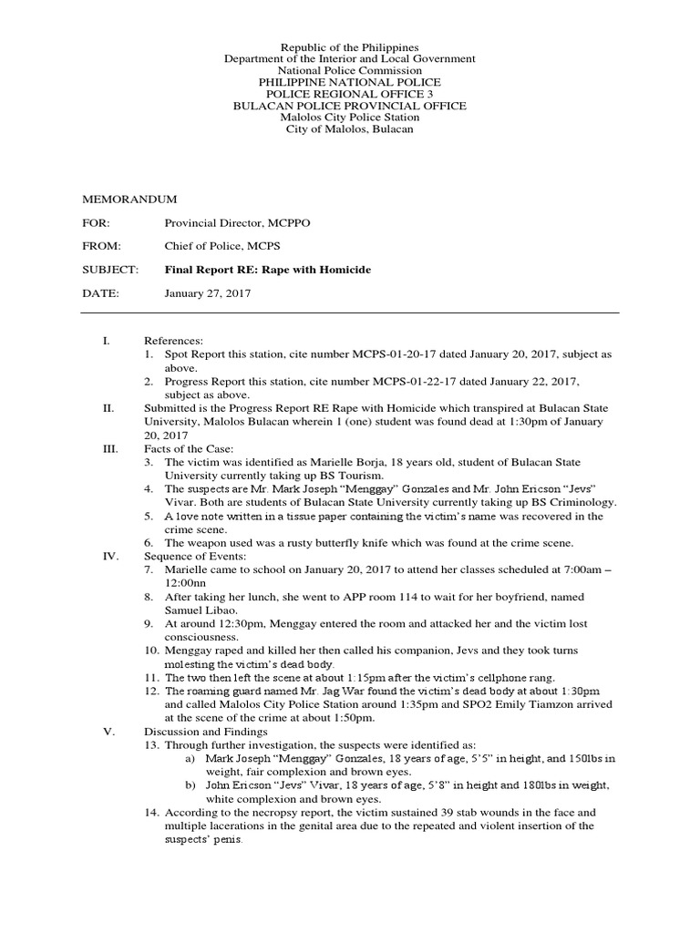 Final Report RE: Rape With Homicide | PDF | Law Enforcement | Crime ...