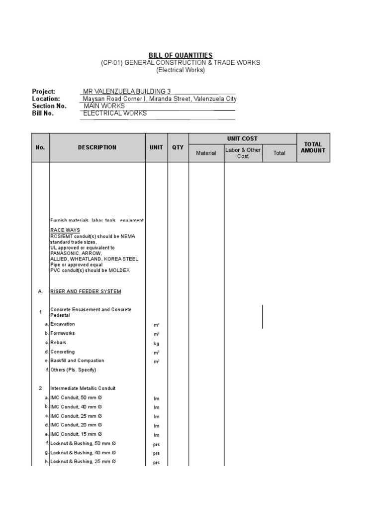 Electrical Works Bill of Quantities | PDF | Pipe (Fluid Conveyance ...