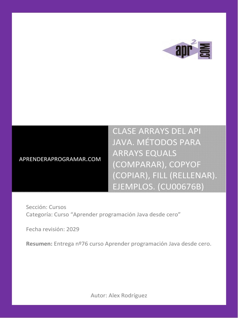 Clase Arrays API Java Equals CopyOf Fill Ejercicio Resuelto Ejemplo | PDF | Java (lenguaje de ...