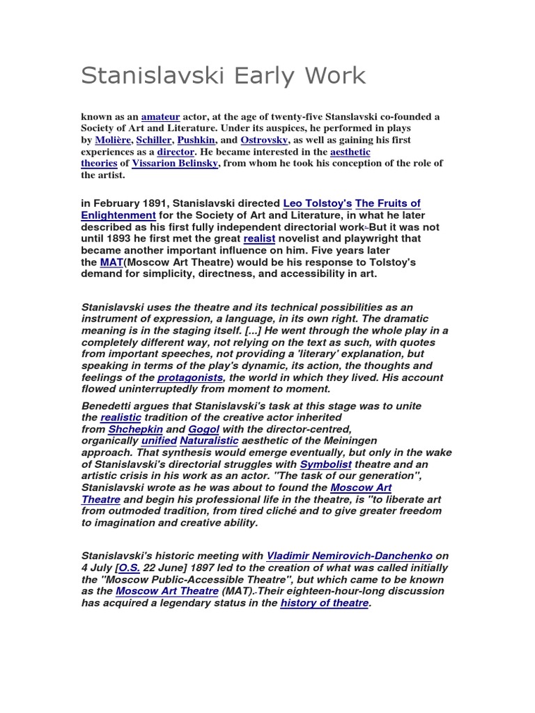 Stanislavski Early Work | PDF | Theatre | Entertainment (General)