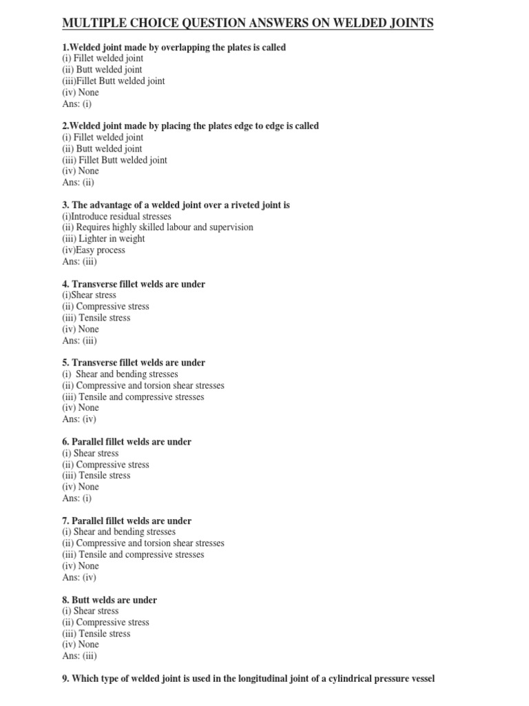 Multiple Choice Question Answers | PDF | Stress (Mechanics) | Welding