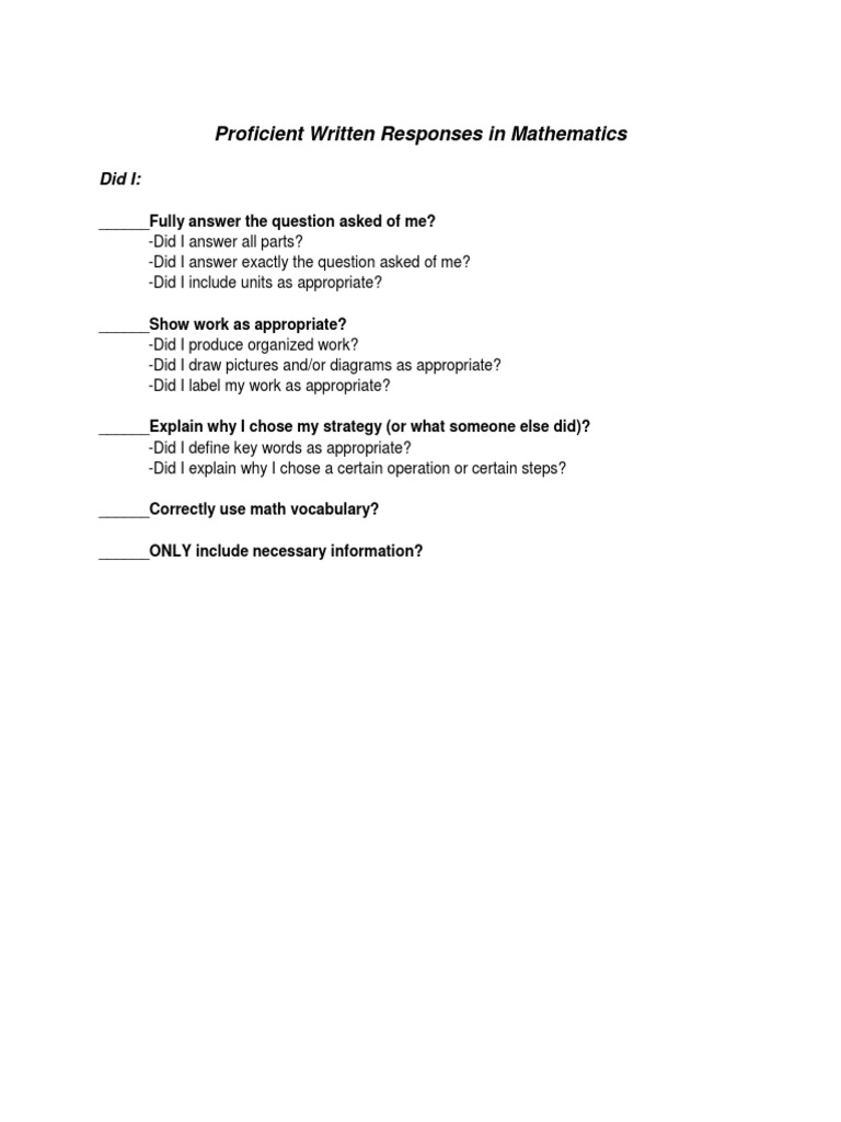 Math Response Checklist | PDF