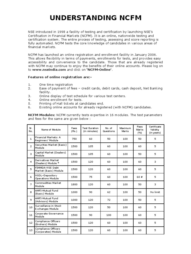 Understanding NCFM: Features of Online Registration Are | PDF ...