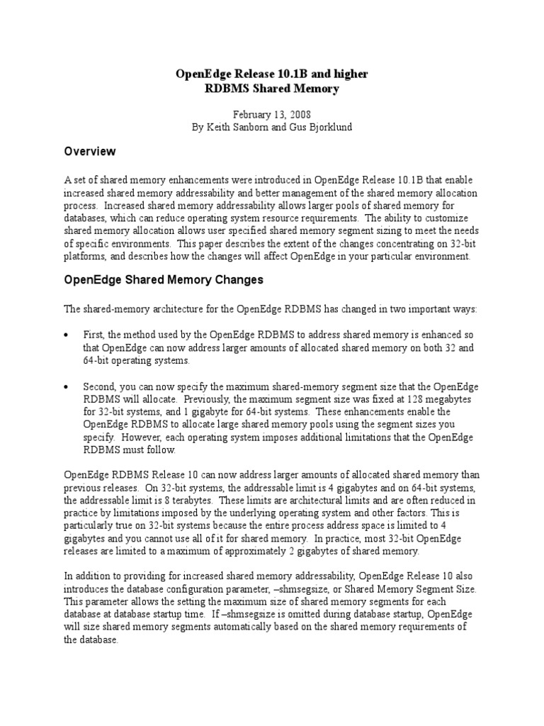 OpenEdge RDBMS Shared Memory | PDF | 64 Bit Computing | Operating System