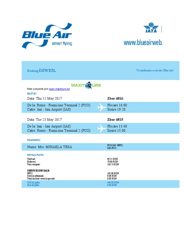 Blue Air Flight Booking Confirmation | PDF