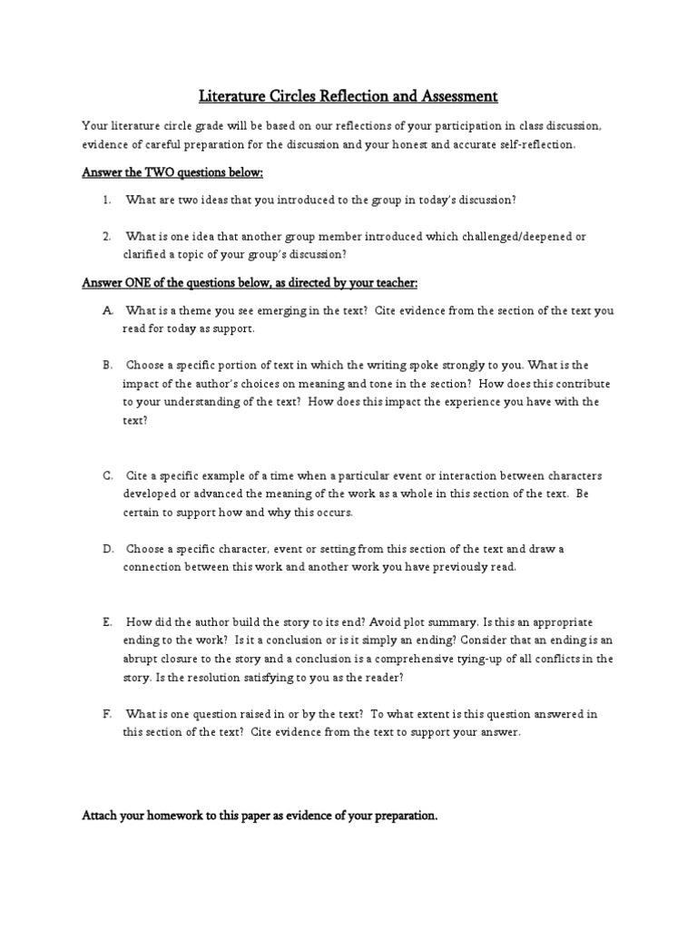 Literarure Circles Reflection and Assessment | PDF