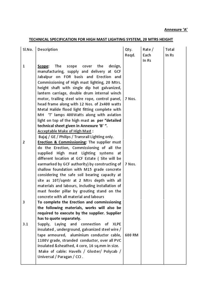 High Mast Lighting System Specs 20m | PDF | Deep Foundation ...