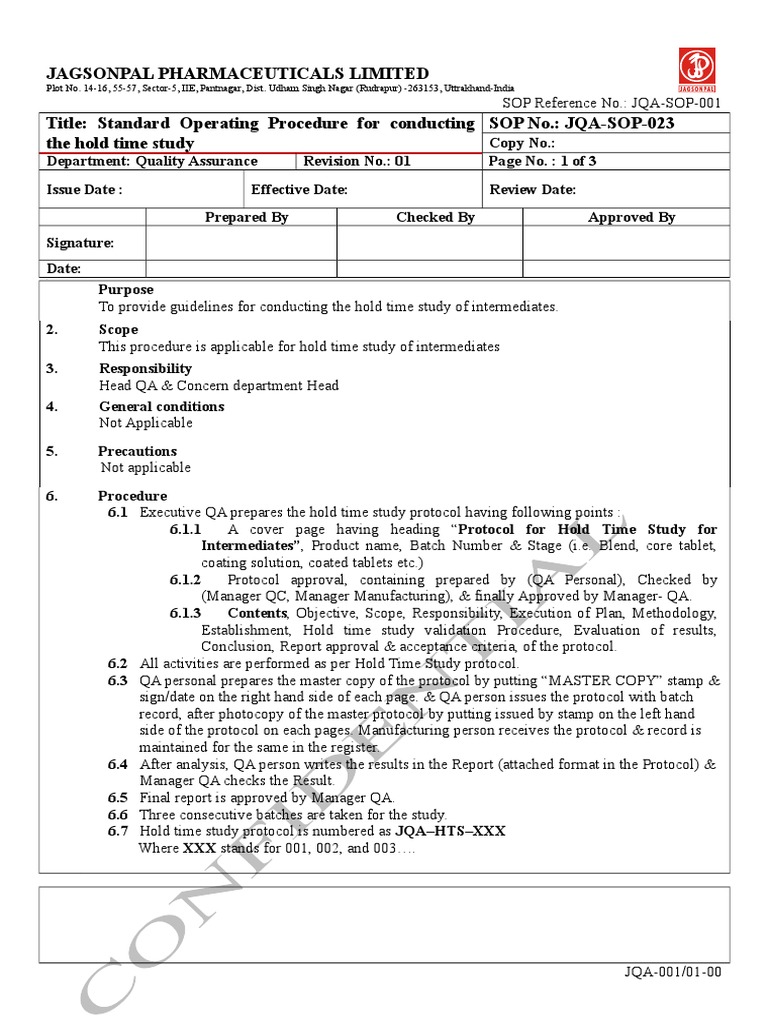 Hold Time Study SOP for Intermediates | PDF | Quality Assurance ...