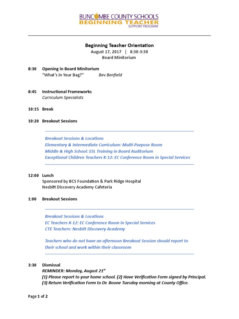 Beginning Teacher Orientation Agenda | PDF