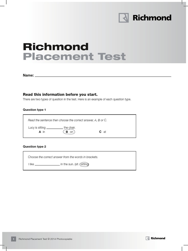 Richmond Placement Test | PDF | Leisure
