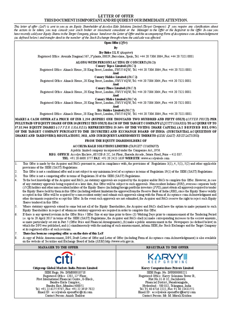 Accelya Kale Solutions Limited Offer Letter | PDF | Stocks | Mergers And Acquisitions