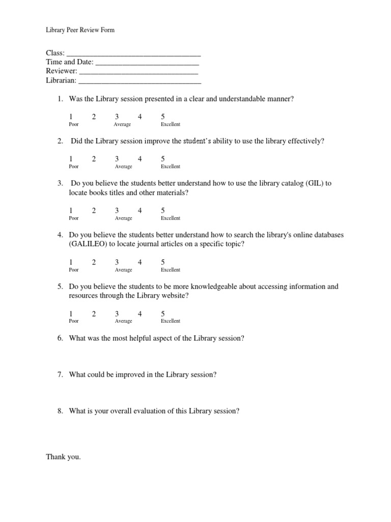Library Peer Review Form: Poor Average Excellent | PDF | Academic ...