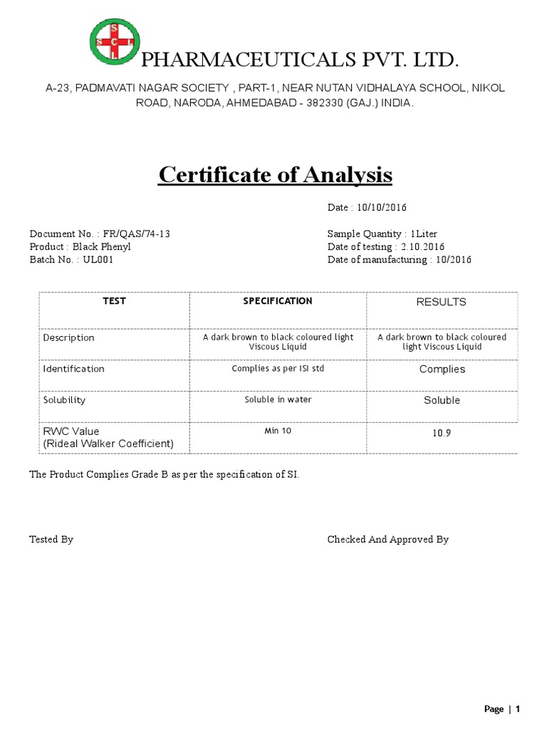 Certificate of Analysis: Pharmaceuticals Pvt. LTD | PDF | Materials ...