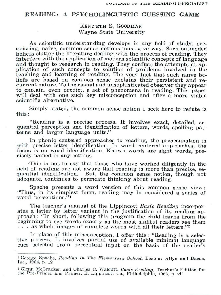 GOODMAN - Reading - A Psycholinguistic Guessing Game PDF | PDF