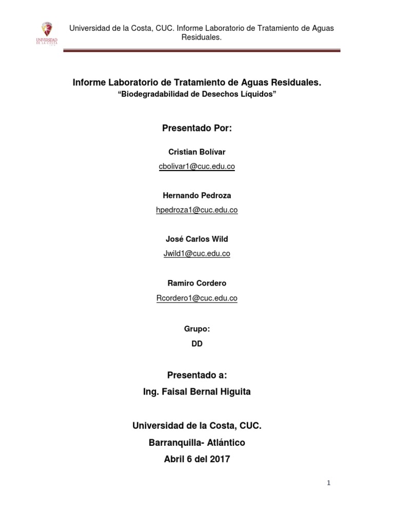Informe Laboratorio de Tratamiento de Aguas Residuales 4 Terminado | PDF | Aguas residuales ...