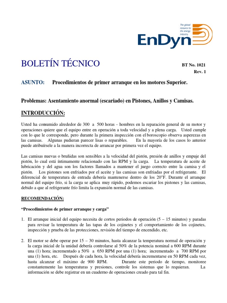 Reporte Tecnico Endyn Procedimientos de Primer Arranque en Los Motores ...