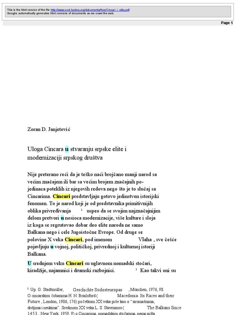 Cincari - Uloga U Razvoju Srbije (In Serbian) | PDF