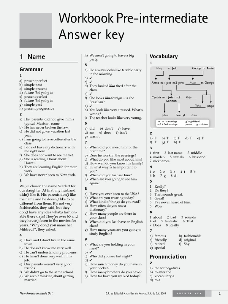 Workbook Pre-Intermediate Answer Key: 1 Name | PDF