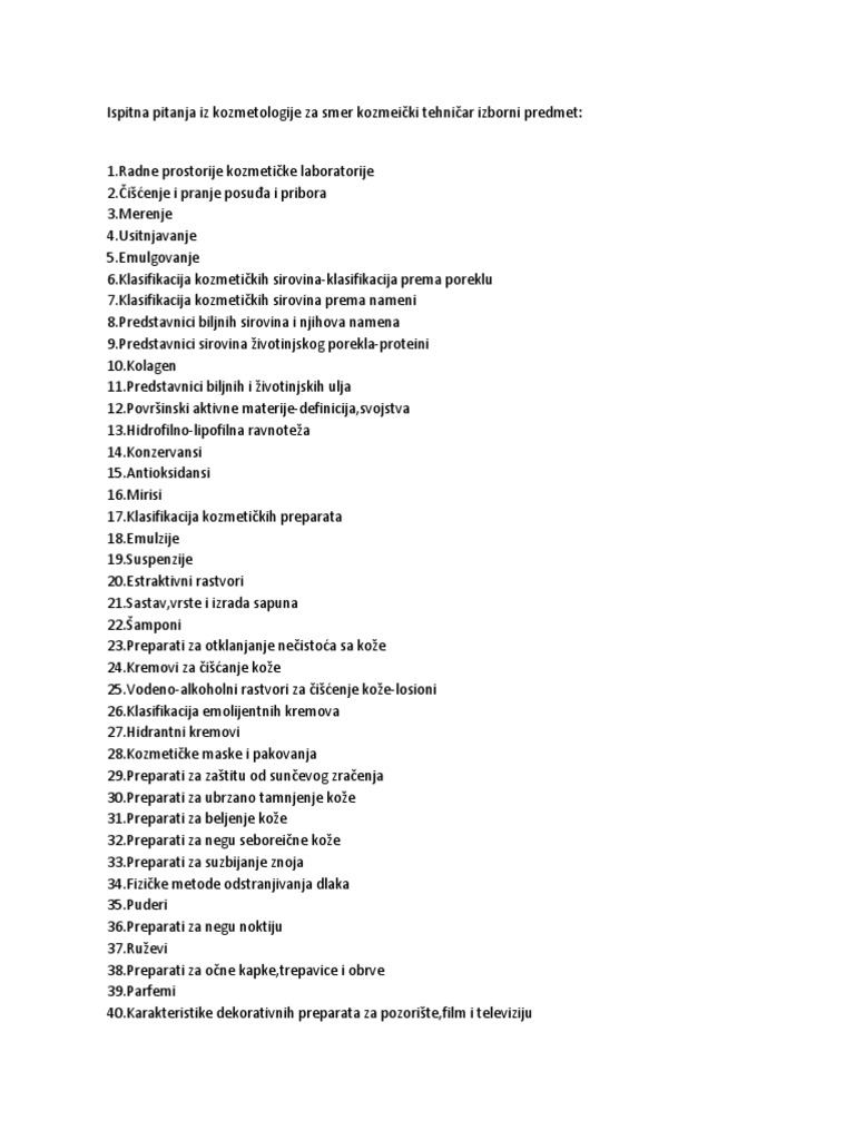 Ispitna Pitanja Kozmetologija Kozmeticki Tehnicar | PDF