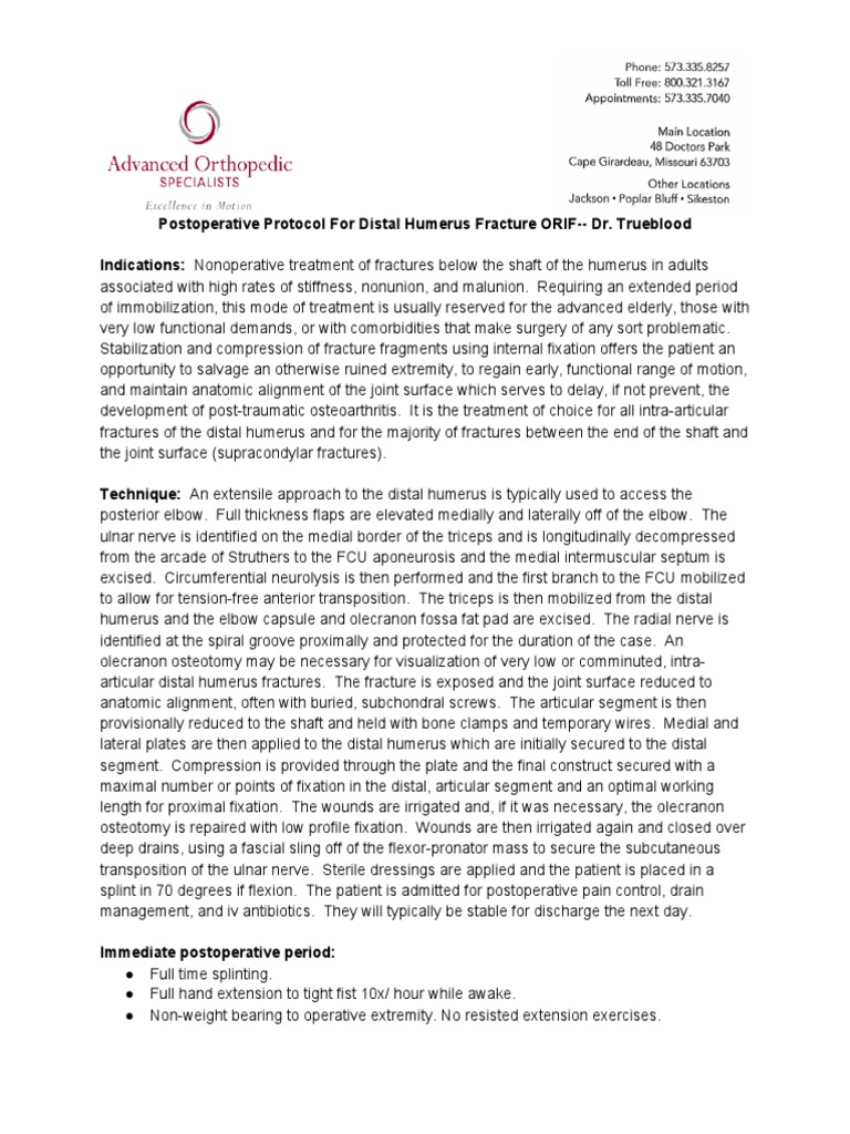 Distal Humerus Fracture ORIF Protocol | PDF | Elbow | Musculoskeletal System
