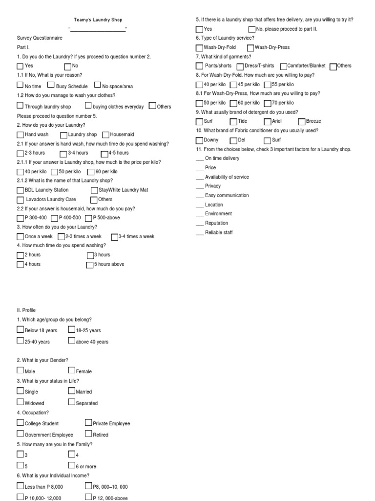 Laundry Service Survey Questionnaire | PDF | Laundry | Clothing
