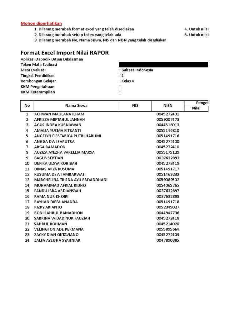 Format Nilai Rapor 20141 Kelas 4 Bahasa Indonesia | PDF