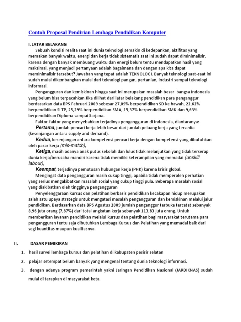 Contoh Proposal Pendirian Lembaga Pendidikan Komputer | PDF