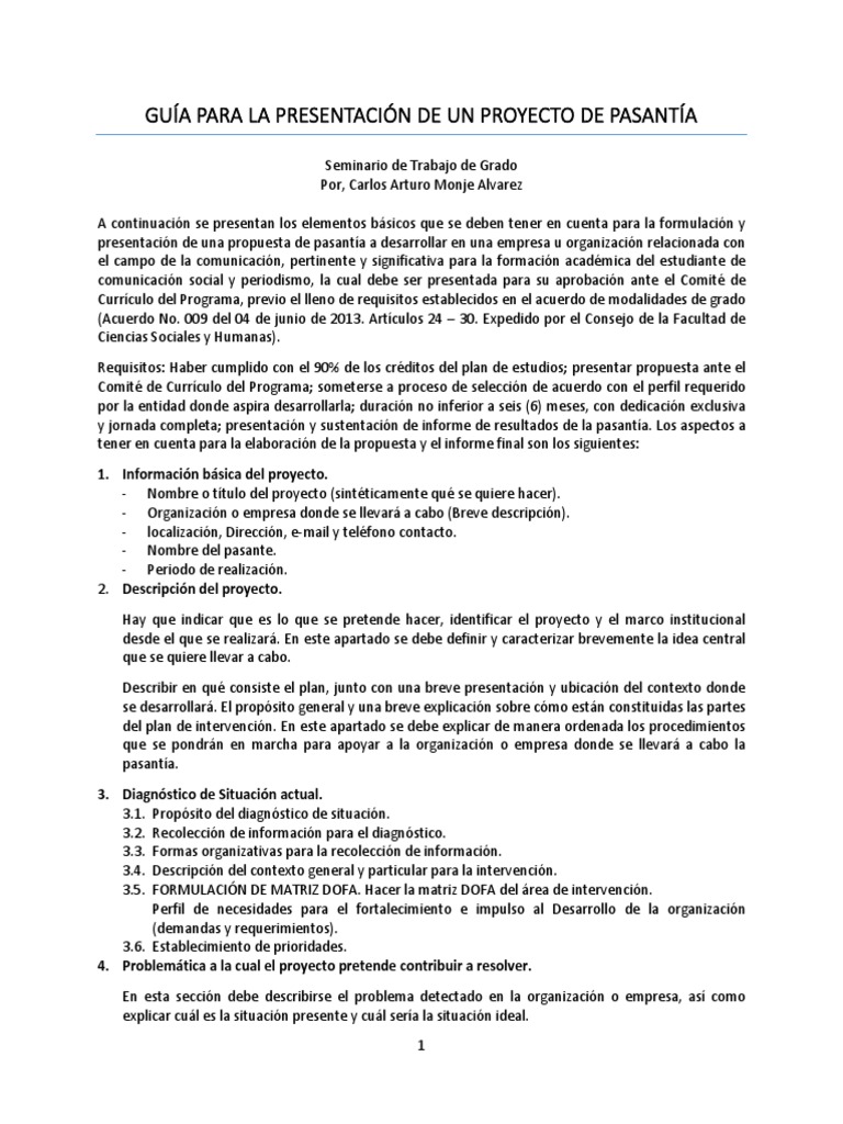 Guía para La Presentación de Un Proyecto de Pasantía | PDF | Planificación | Información