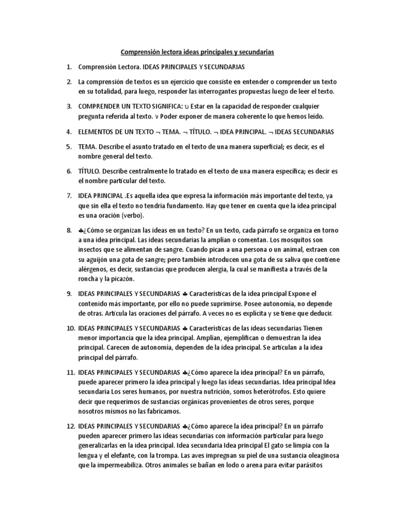 Comprensión Lectora Ideas Principales y Secundarias | PDF | Lectura ...