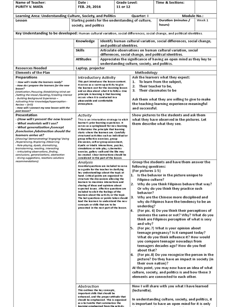 Instructional Plan For Understanding Culture Society and Politics | PDF ...