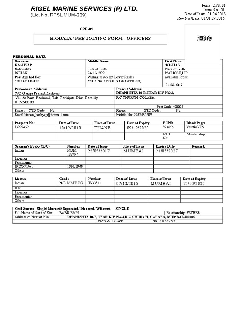 Biodata / Pre Joining Form - Officers: (Lic. No. RPSL MUM-229) | PDF ...