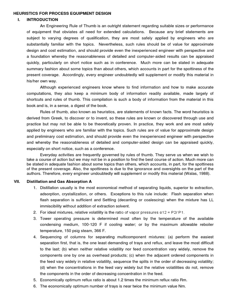 Heuristics For Process Equipment Design | PDF | Distillation | Chemistry