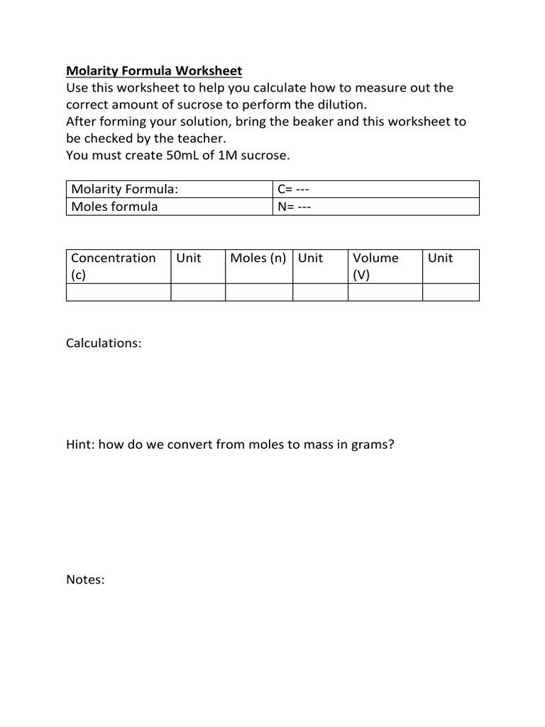 Molarity Formula Worksheet | PDF | Molar Concentration | Concentration