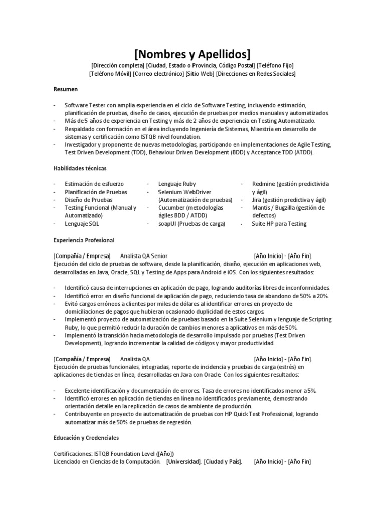 PMOInformatica Modelo de Curriculum Vitae Analista QA | PDF ... PMOInformatica Modelo de Curriculum Vitae Analista QA | PDF ...