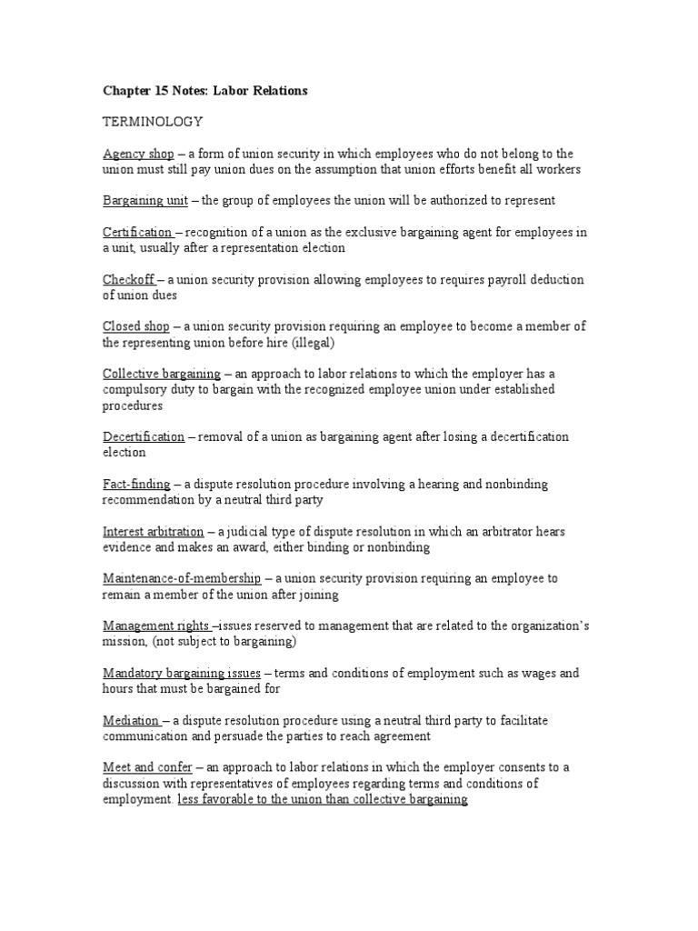 Chapter 15 Notes: Labor Relations | PDF | Trade Union | Collective ...