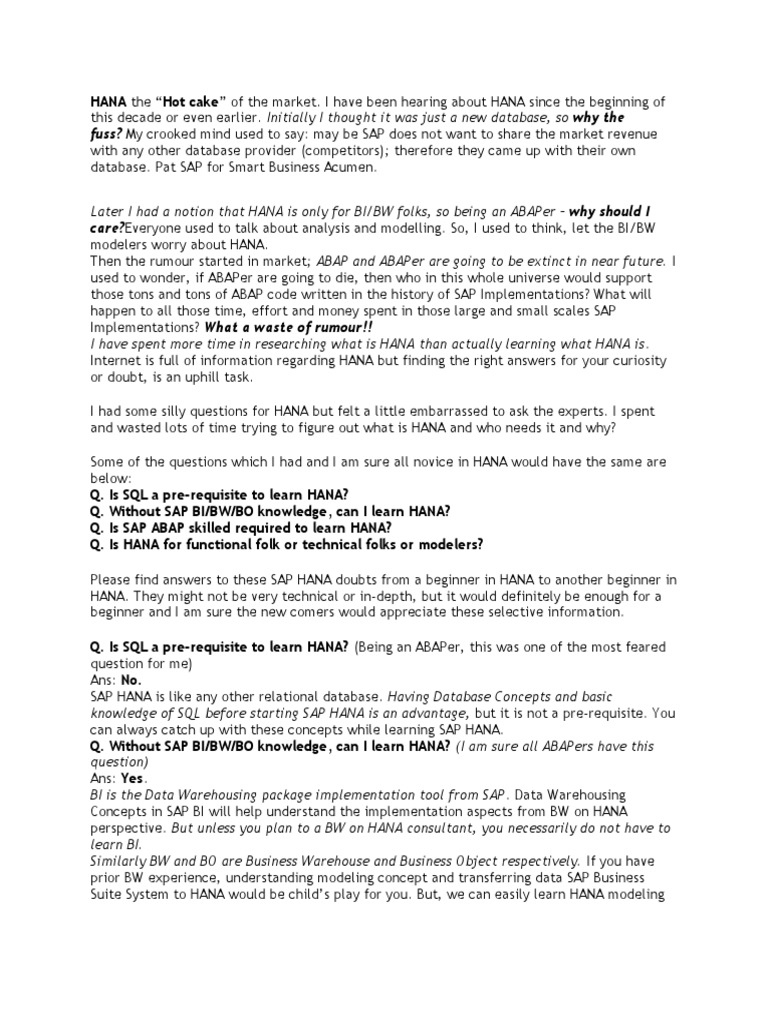 ABAP For SAP HANA' Points To Remember | PDF | Sql | Databases