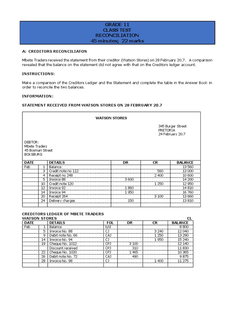 Test Reconciliation Grade 11 | Debits And Credits | Cheque