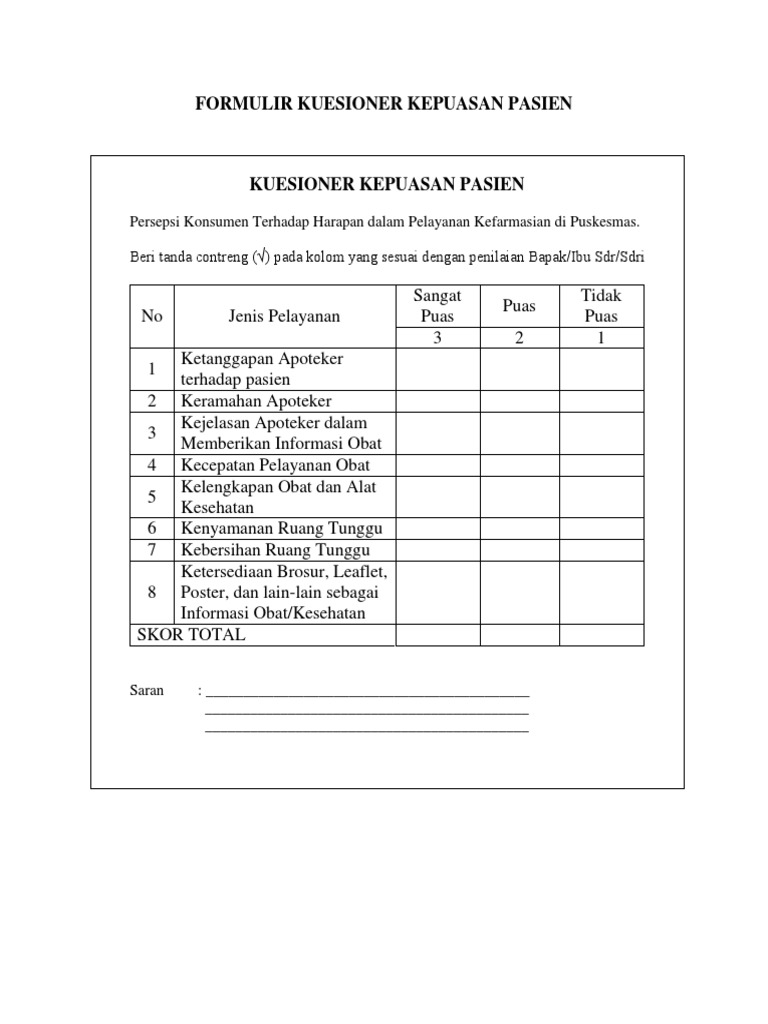 Formulir Kuesioner Kepuasan Pasien | PDF