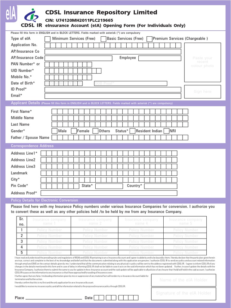 E-Insurance Account Opening Form PDF | PDF