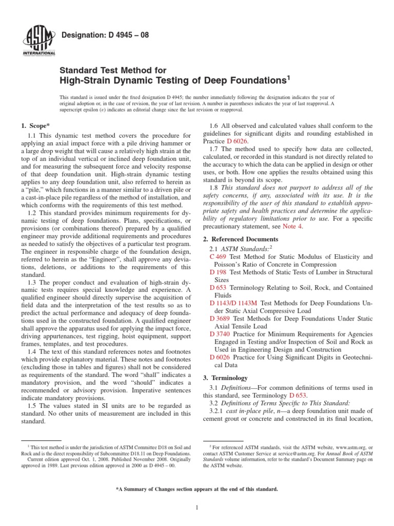 ASTM D4945-08 (High-Strain Dynamic Testing) PDF | PDF