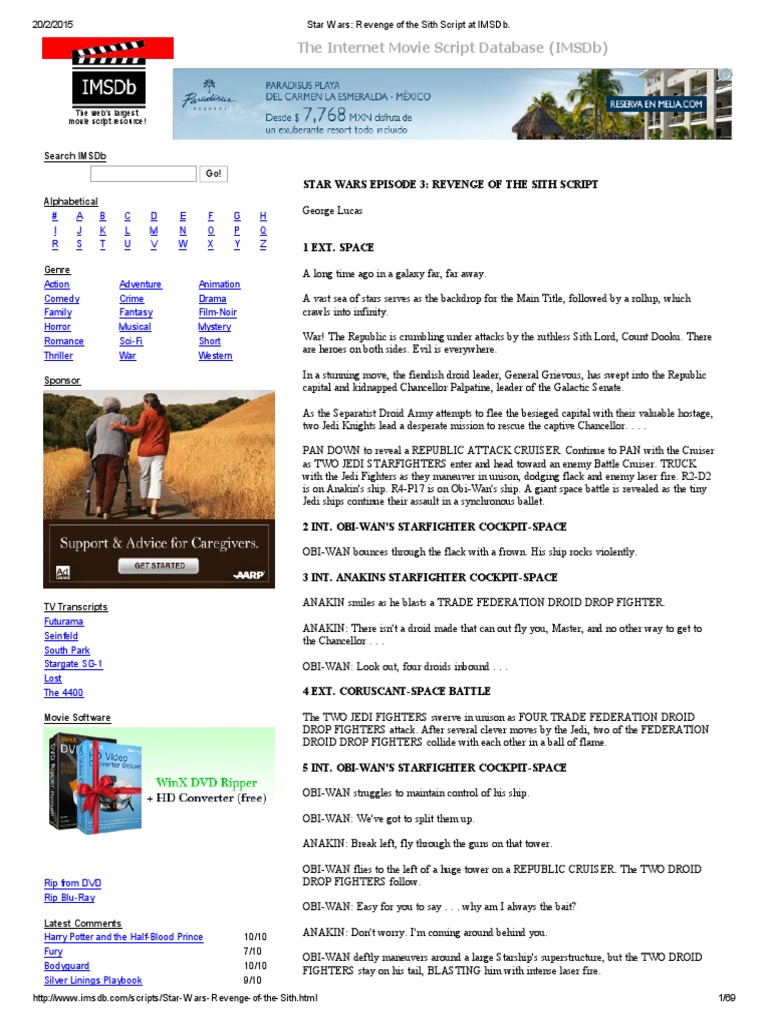 Star Wars - Revenge of The Sith Script at IMSDb | PDF | Darth Vader | Jedi