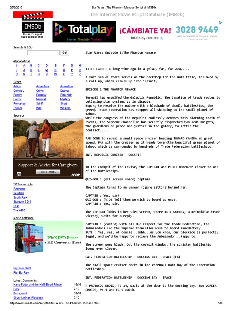 Star Wars - The Phantom Menace Script at IMSDb - pdf5 PDF | PDF | Works | Star Wars