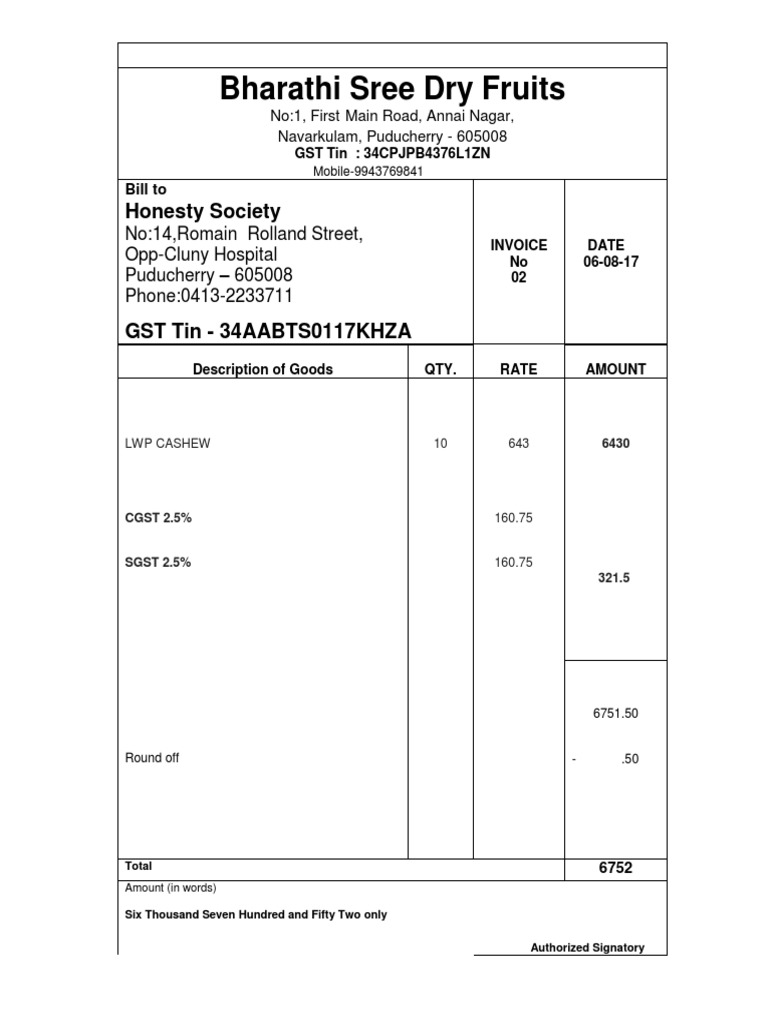 Dry Fruits Invoice Format | PDF