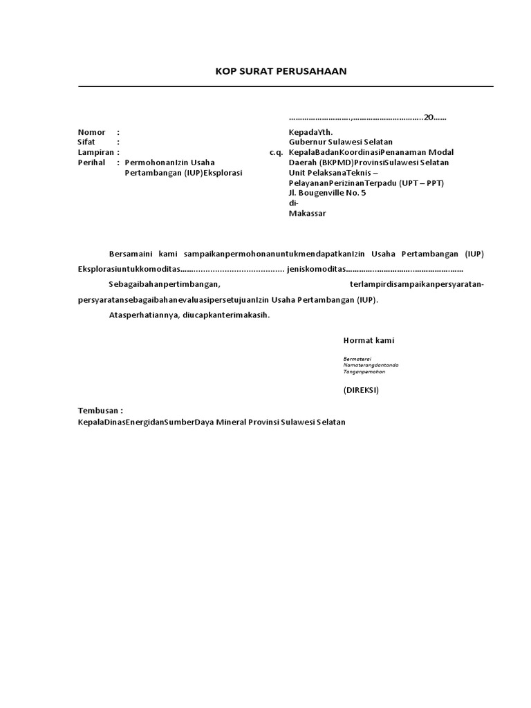 Form Surat Izin Usaha Pertambangan Iup Eksplorasi Baru | PDF