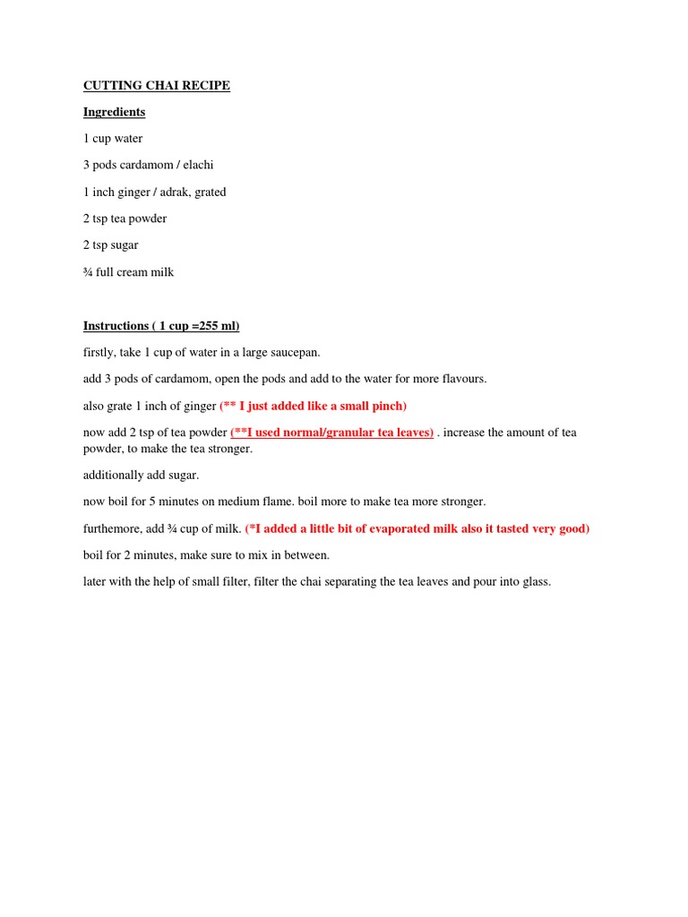 Cutting Chai Recipe Guide | PDF | South Asian Cuisine | Caffeinated Drinks